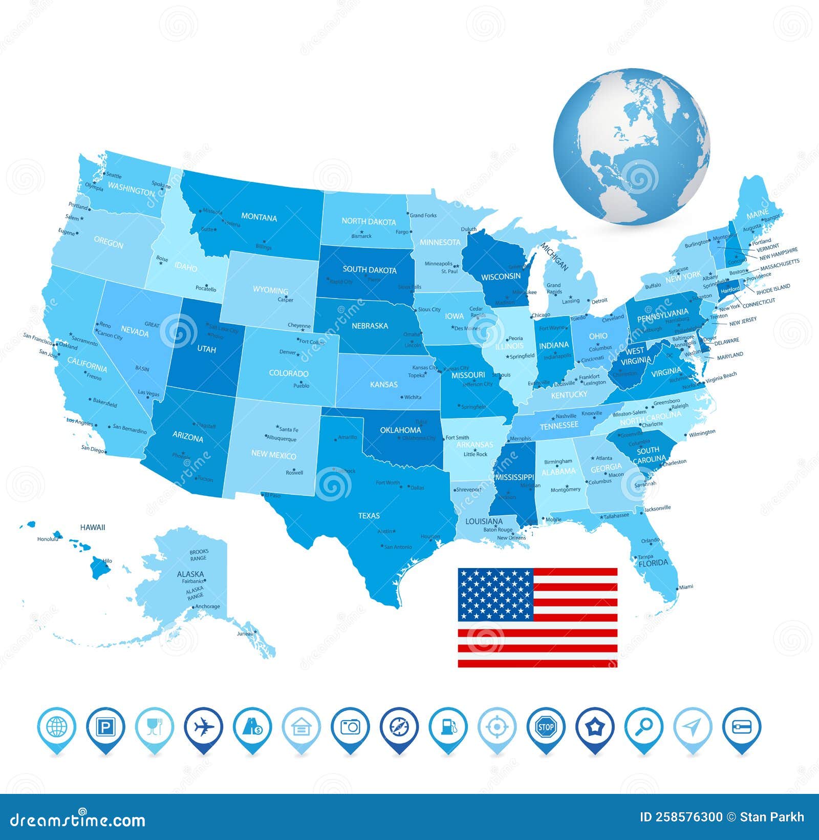 USA Blue Color Map and Map Icons Stock Vector - Illustration of blue ...