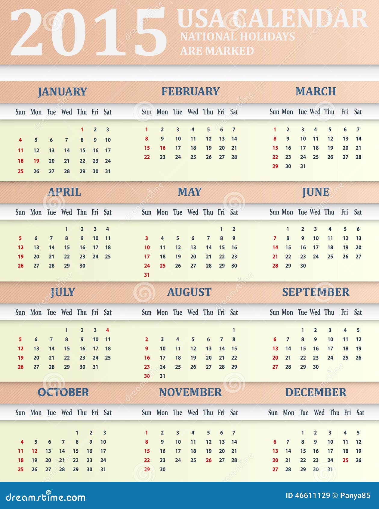 USA Calendar for 2015 stock vector. Illustration of schedule - 46611129