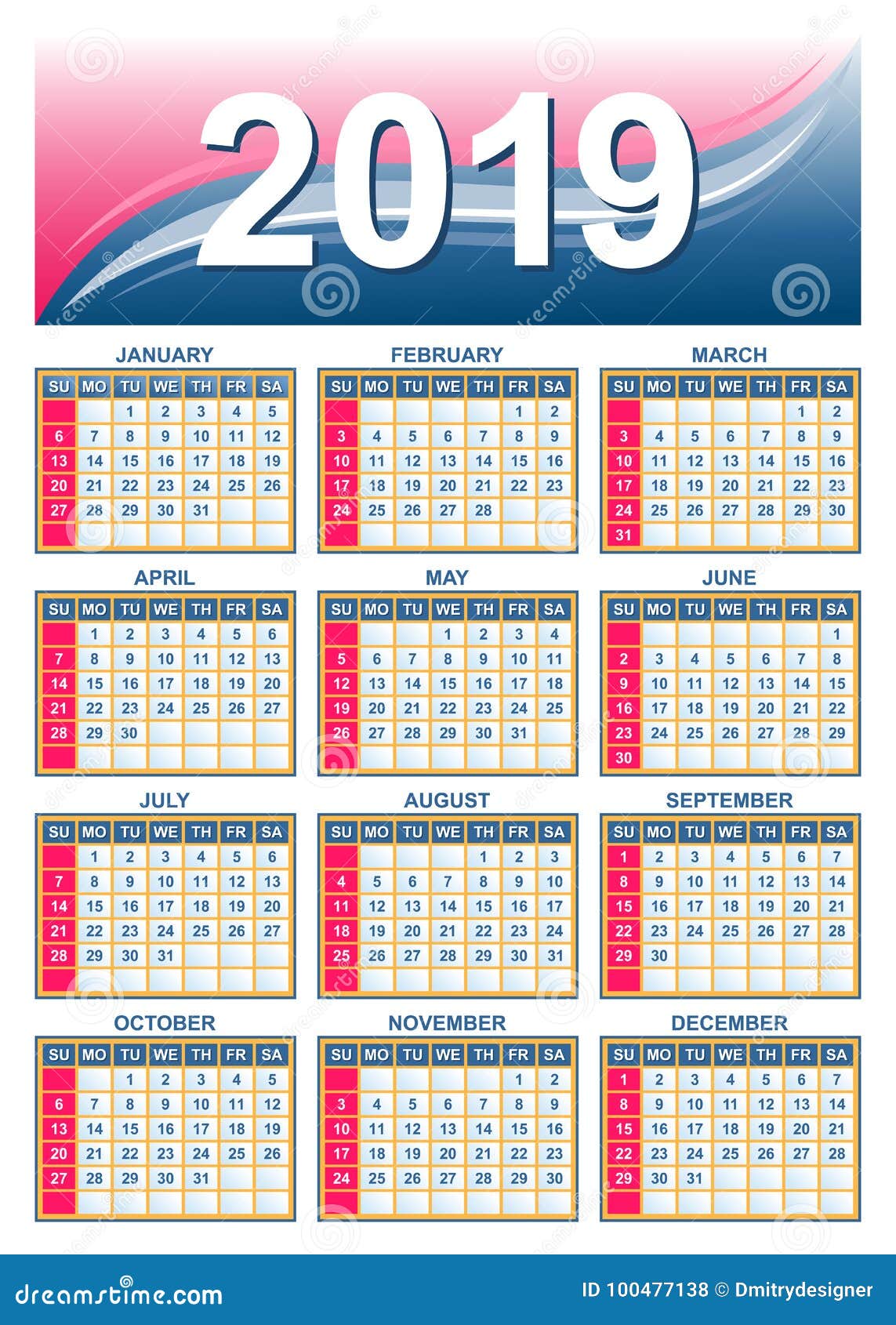 USA Calendar Grid 2019 in Vector Stock Vector - Illustration of ...