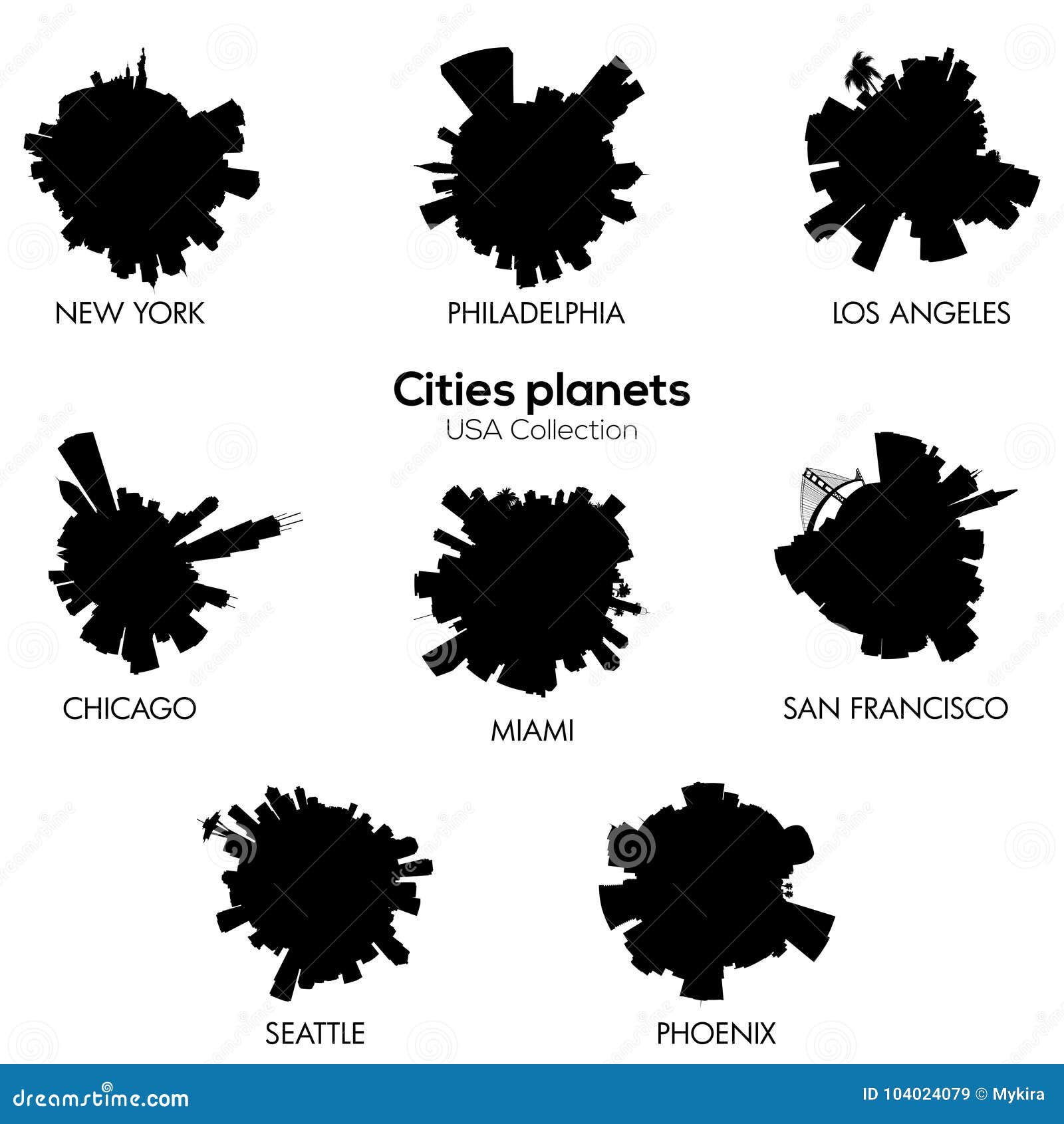 USA Cities Vector Circular Skylines C Stock Vector - Illustration of ...