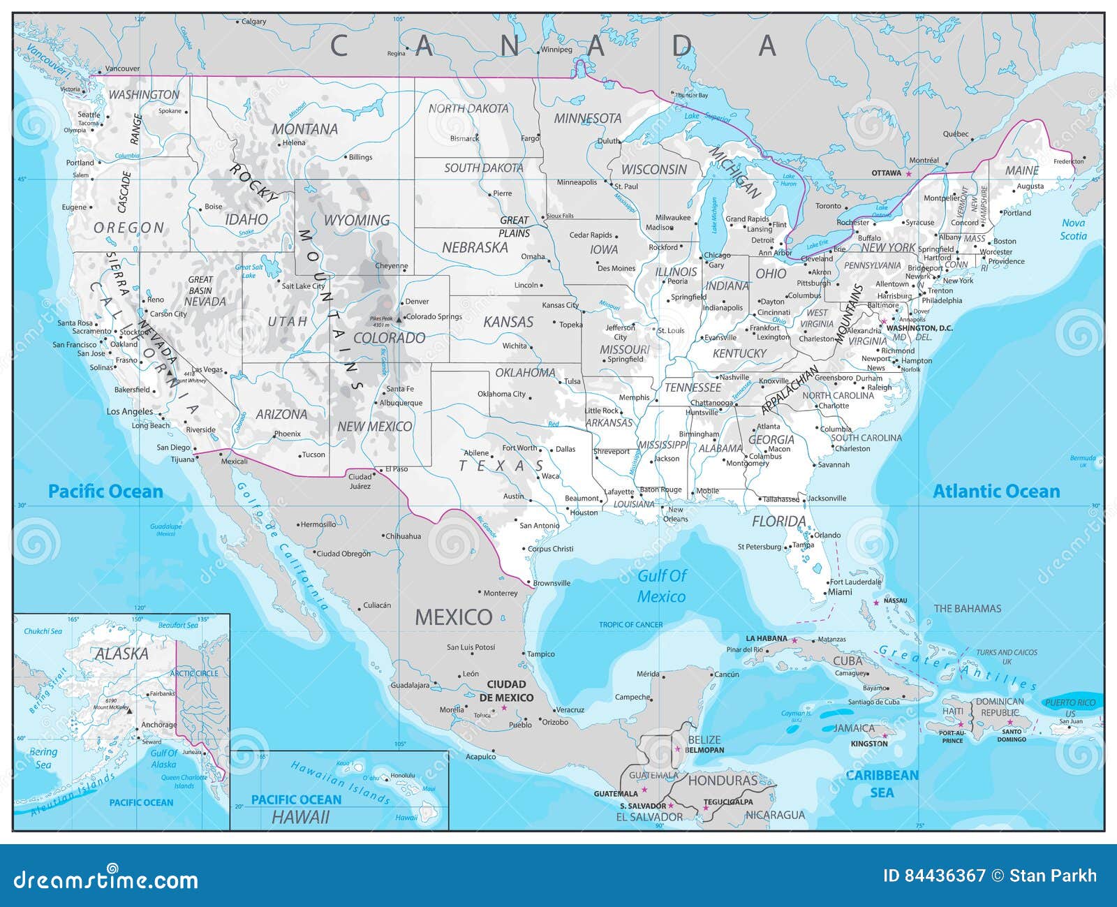 USA detailed physical map stock vector. Illustration of terrain - 84436367