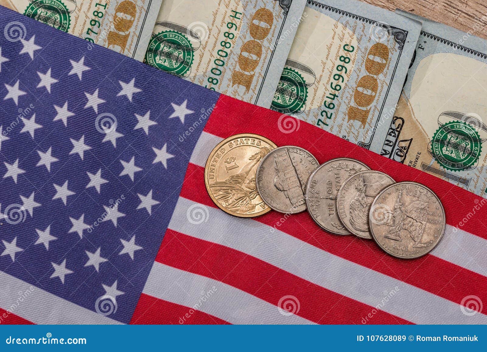 Usa Flag with Dollar Bills and Coin Stock Image - Image of background ...