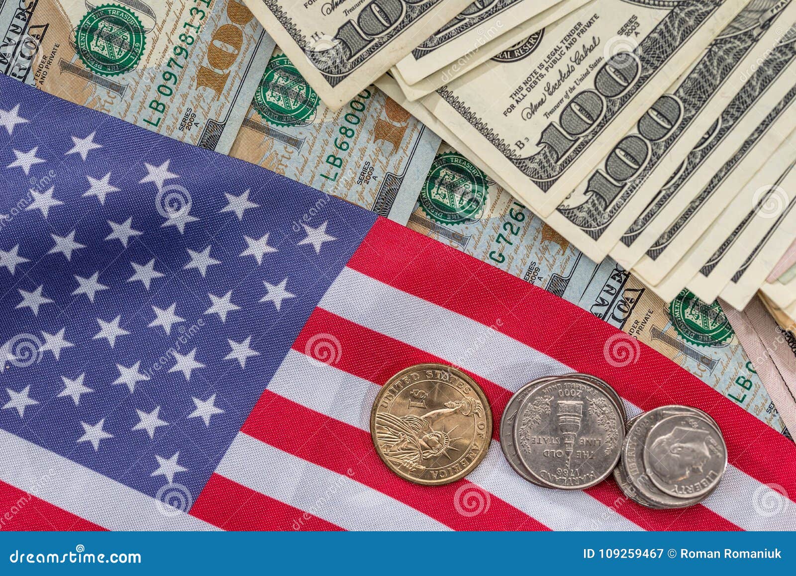 Usa Flag with Dollar Bills and Coin. Stock Image - Image of dollar ...