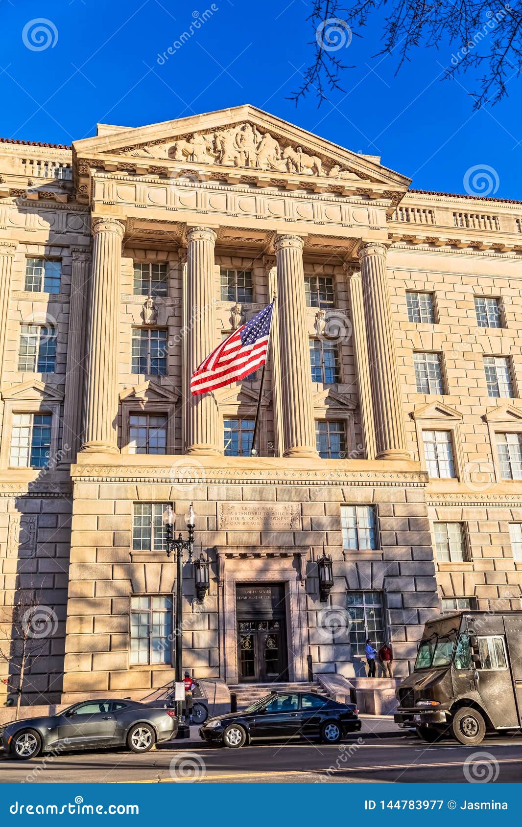 USA Flag on Facade of US Commerce Building in Washington DC Editorial ...