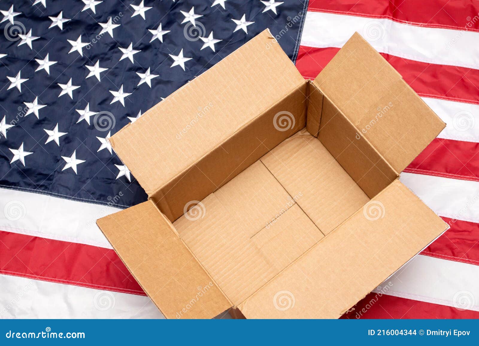 USA Flag with Open Shipping Box. Delivery from the USA Stock Photo ...