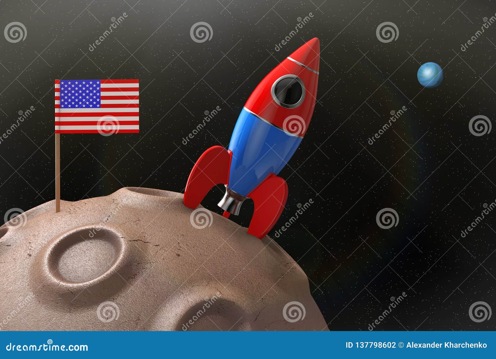 USA Flag with Rocket Over Abstract Planet in Space. 3d Rendering Stock ...