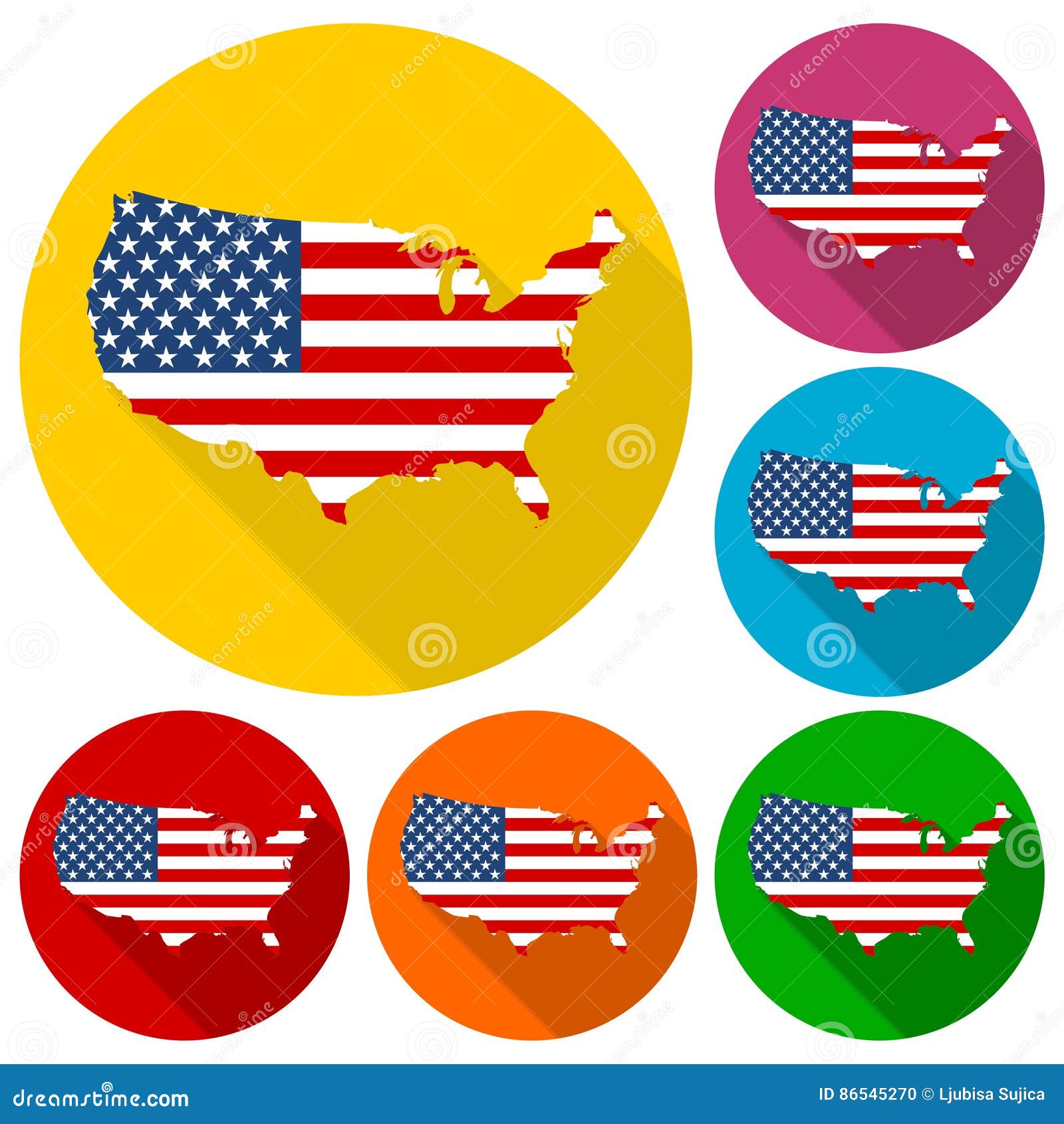 USA Flag, Shape of American Map Icons Set with Long Shadow Stock Vector ...