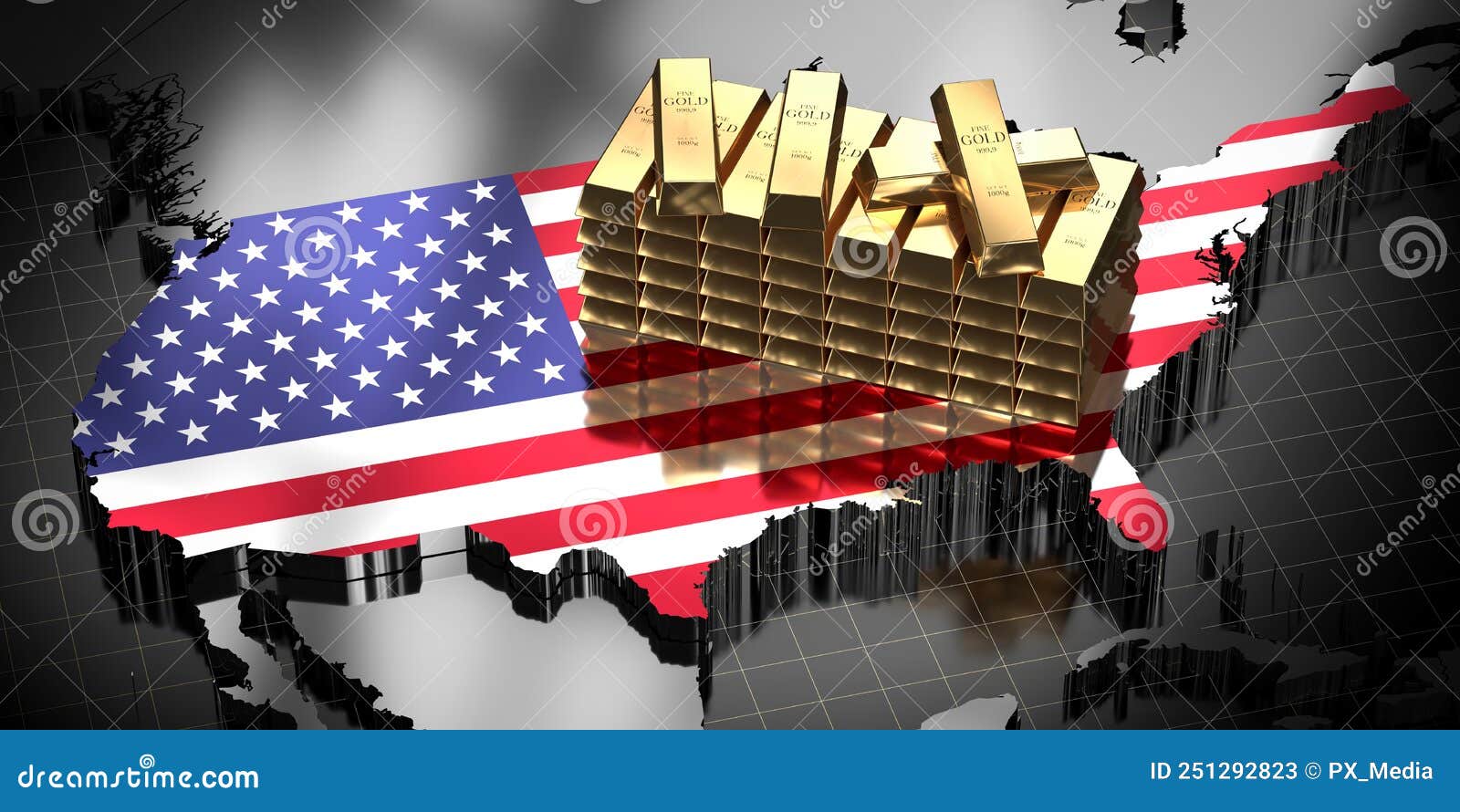 USA Map and Flag, Gold Ingots - 3D Illustration Stock Illustration ...
