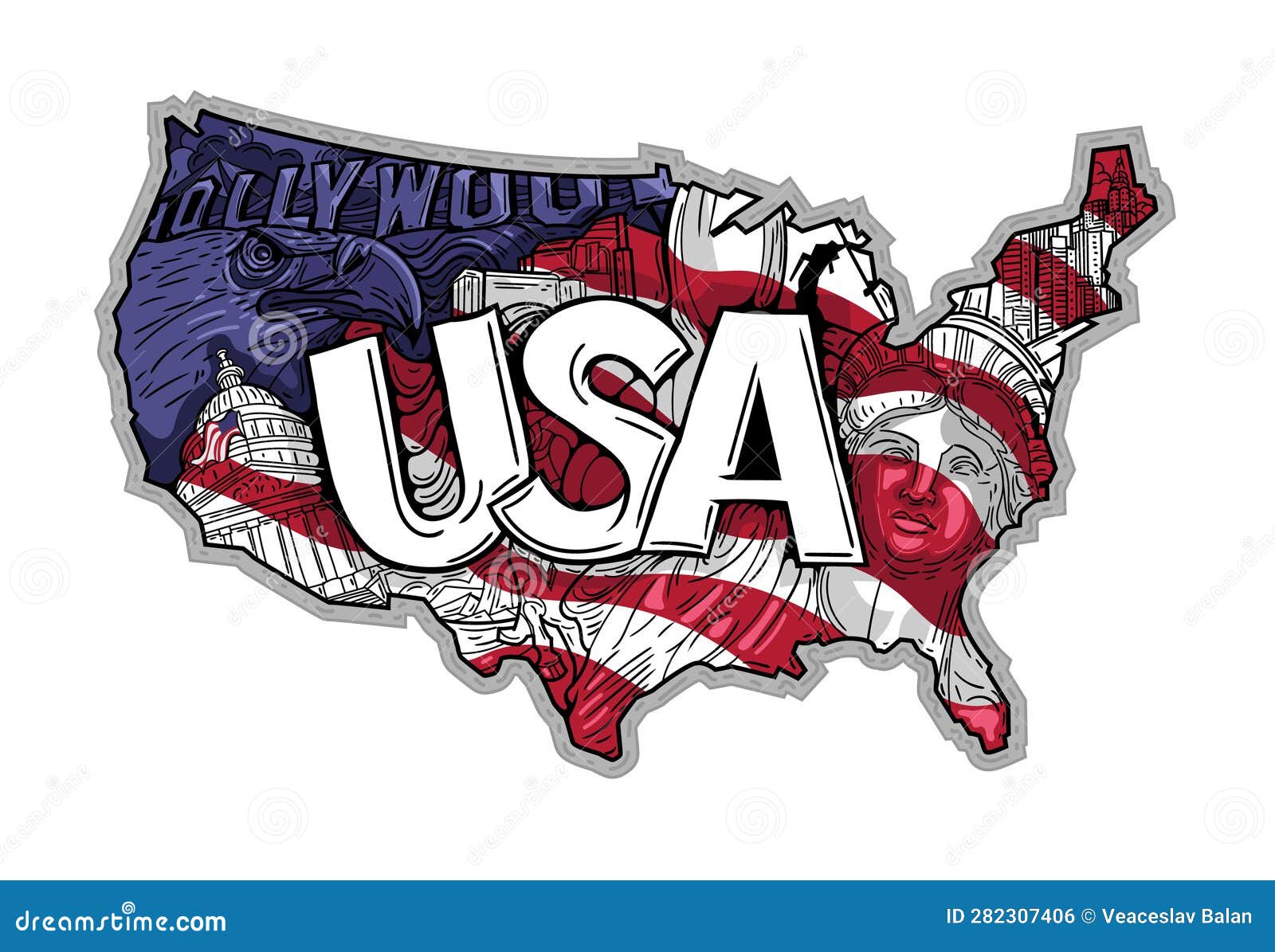 USA Map in Hand Drawn Doodle Style with Main National Values. Stock ...