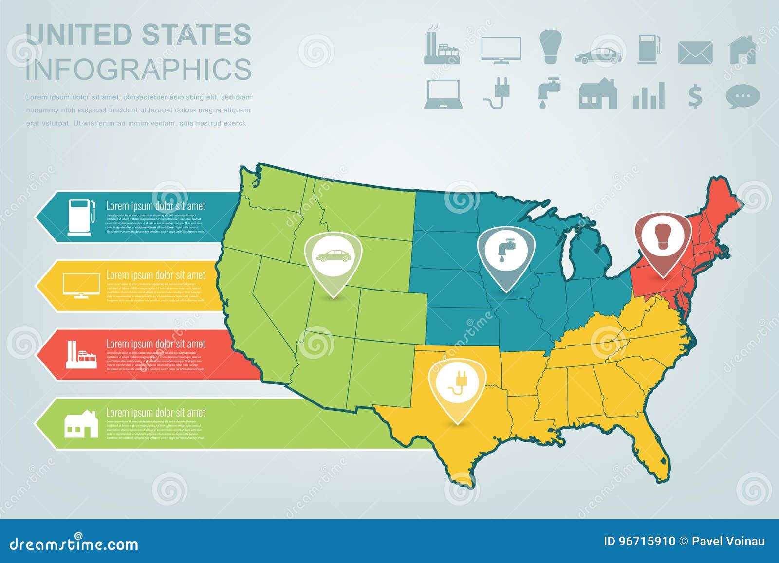 USA Map with Infographic Elements. Infographics Layouts Stock Vector ...
