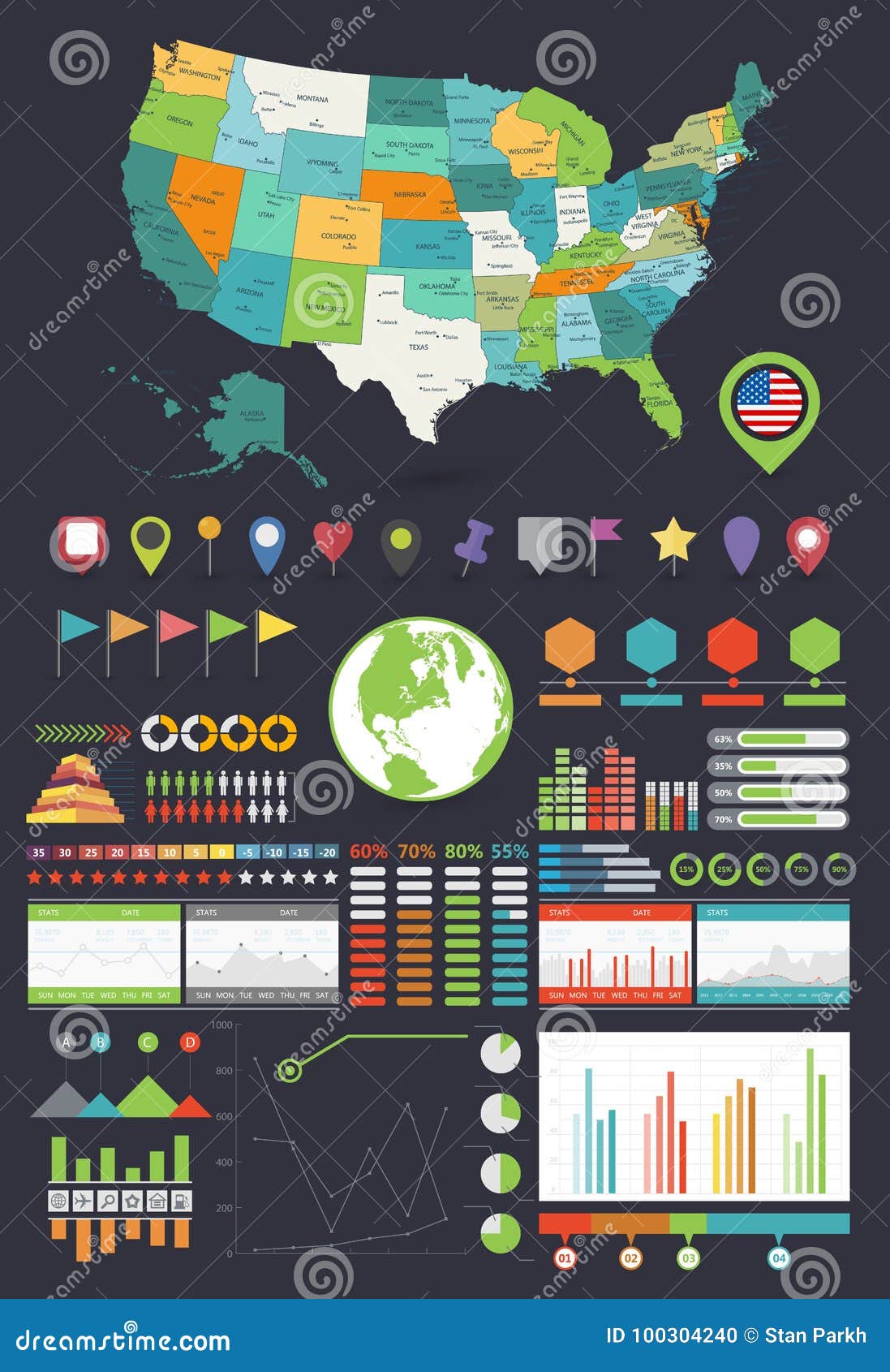 USA Map and Infographics Design Elements Stock Vector - Illustration of ...