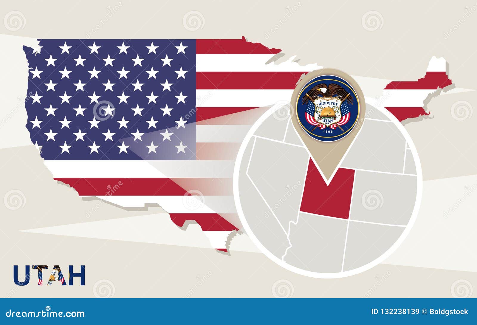 USA Map with Magnified Utah State. Utah Flag and Map Stock Vector ...