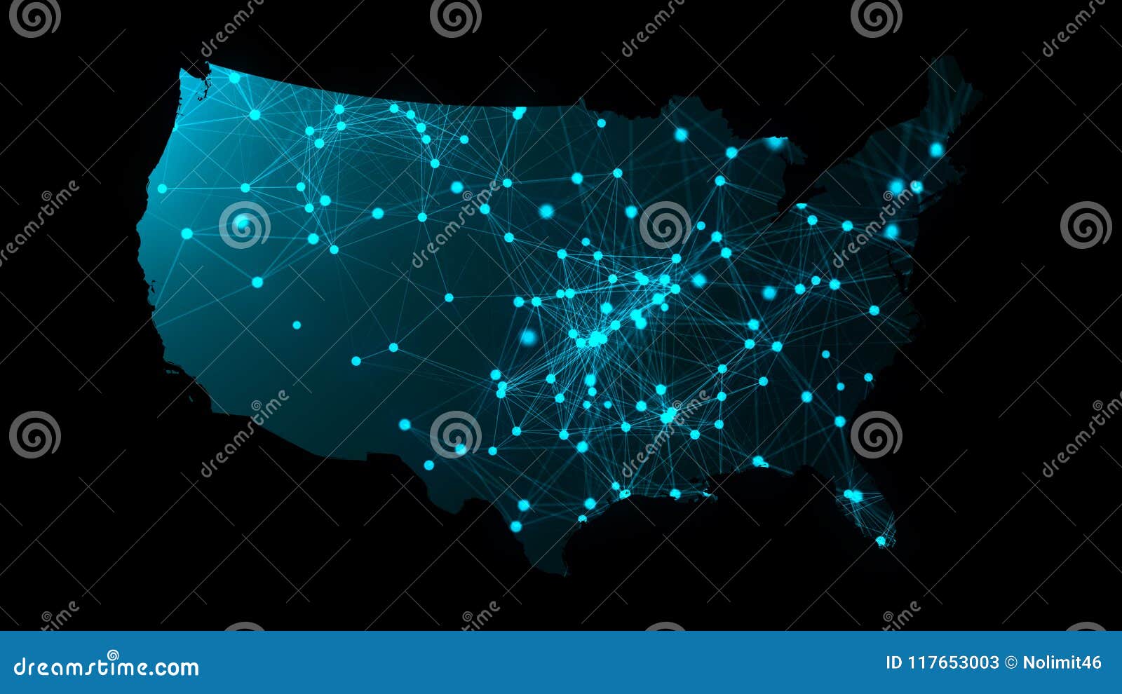 USA Map with Many Network Connections, 3d Rendering Computer Generated ...