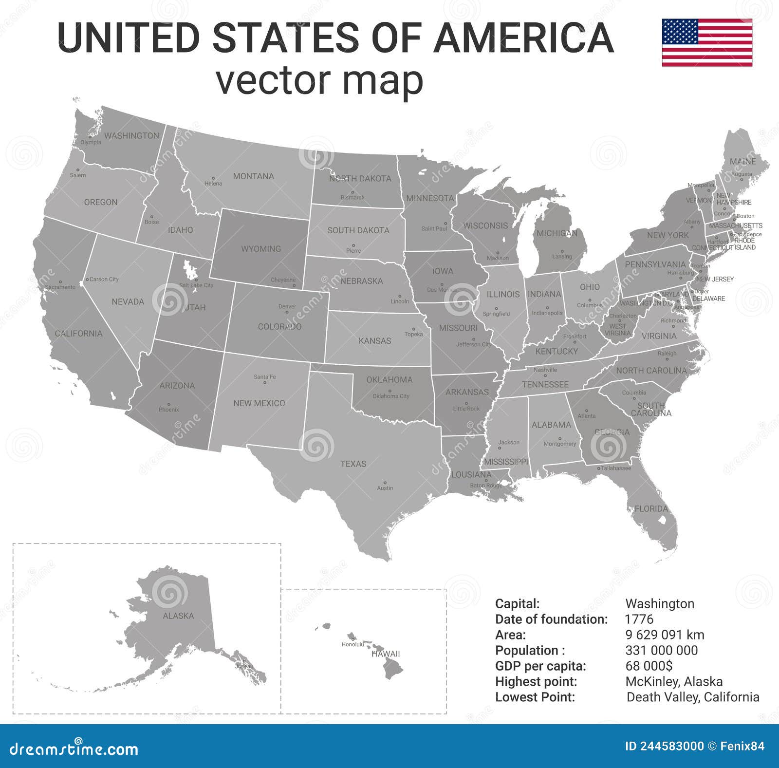 USA Map With State Borders And Capitals. Correct Shapes And State ...