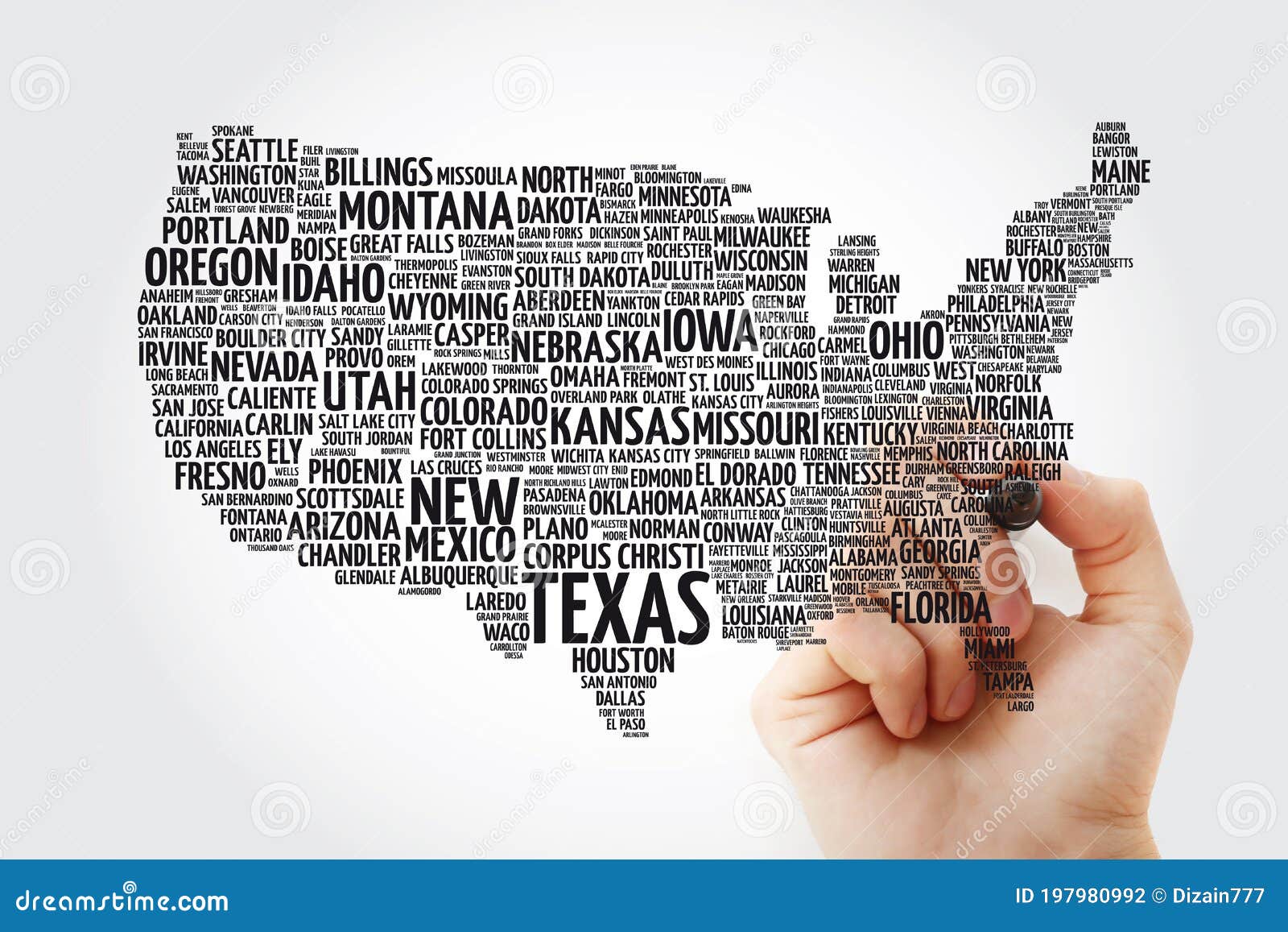 USA Map Word Cloud with Marker, Most Important Cities Stock Photo ...