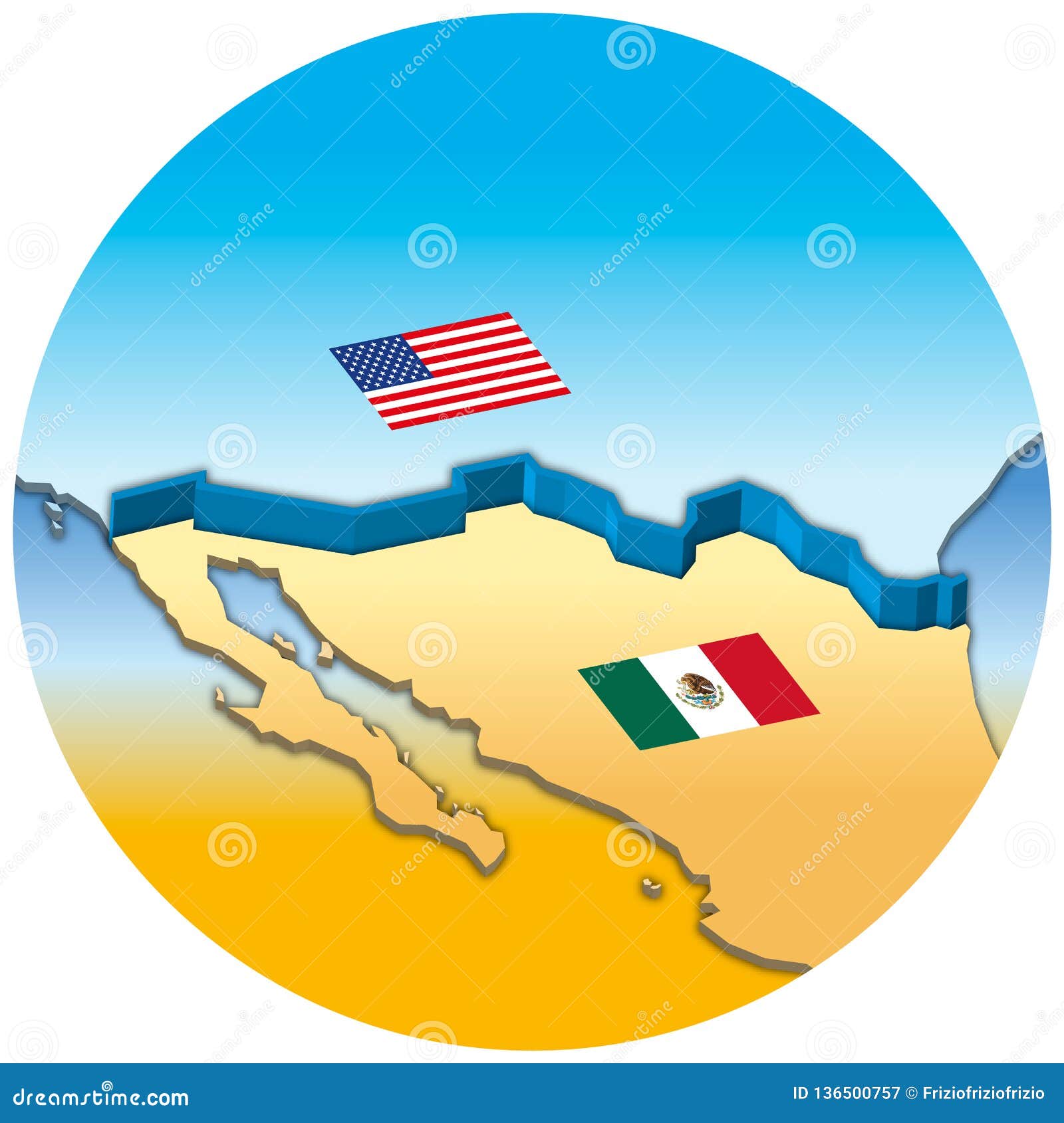 Usa and Mexico Border Wall Map with National Flags Stock Vector ...