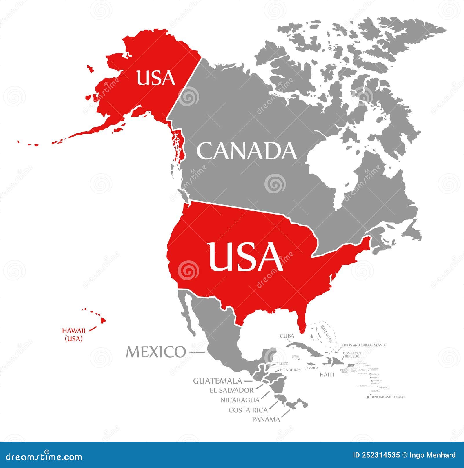 USA Red Highlighted in Map of North America Stock Illustration ...