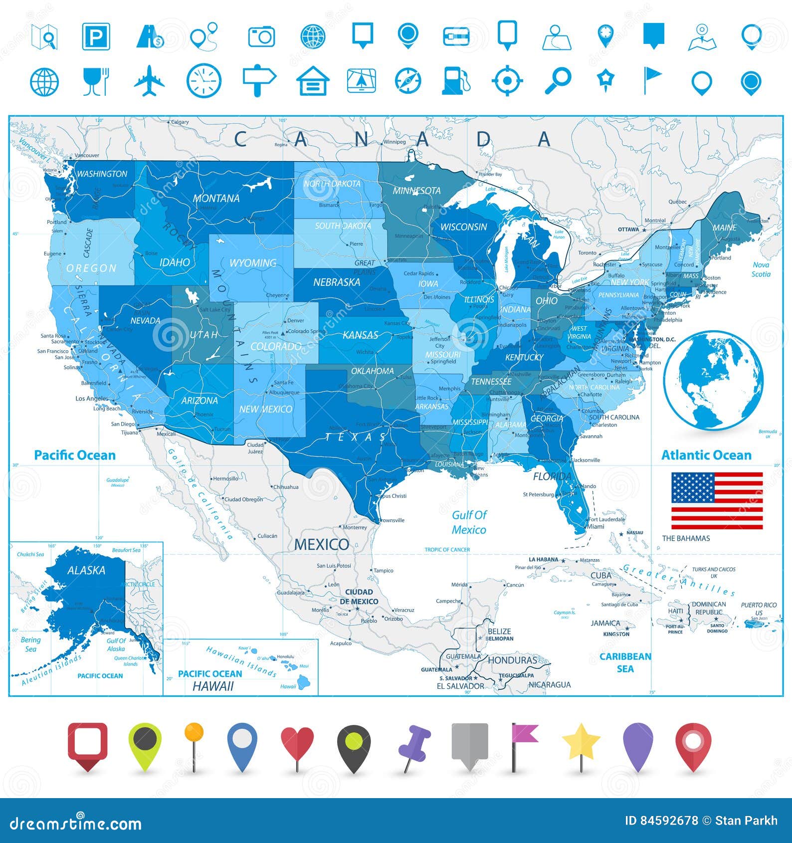 USA Road Map in Colors of Blue and Flat Map Pointers Stock Vector ...