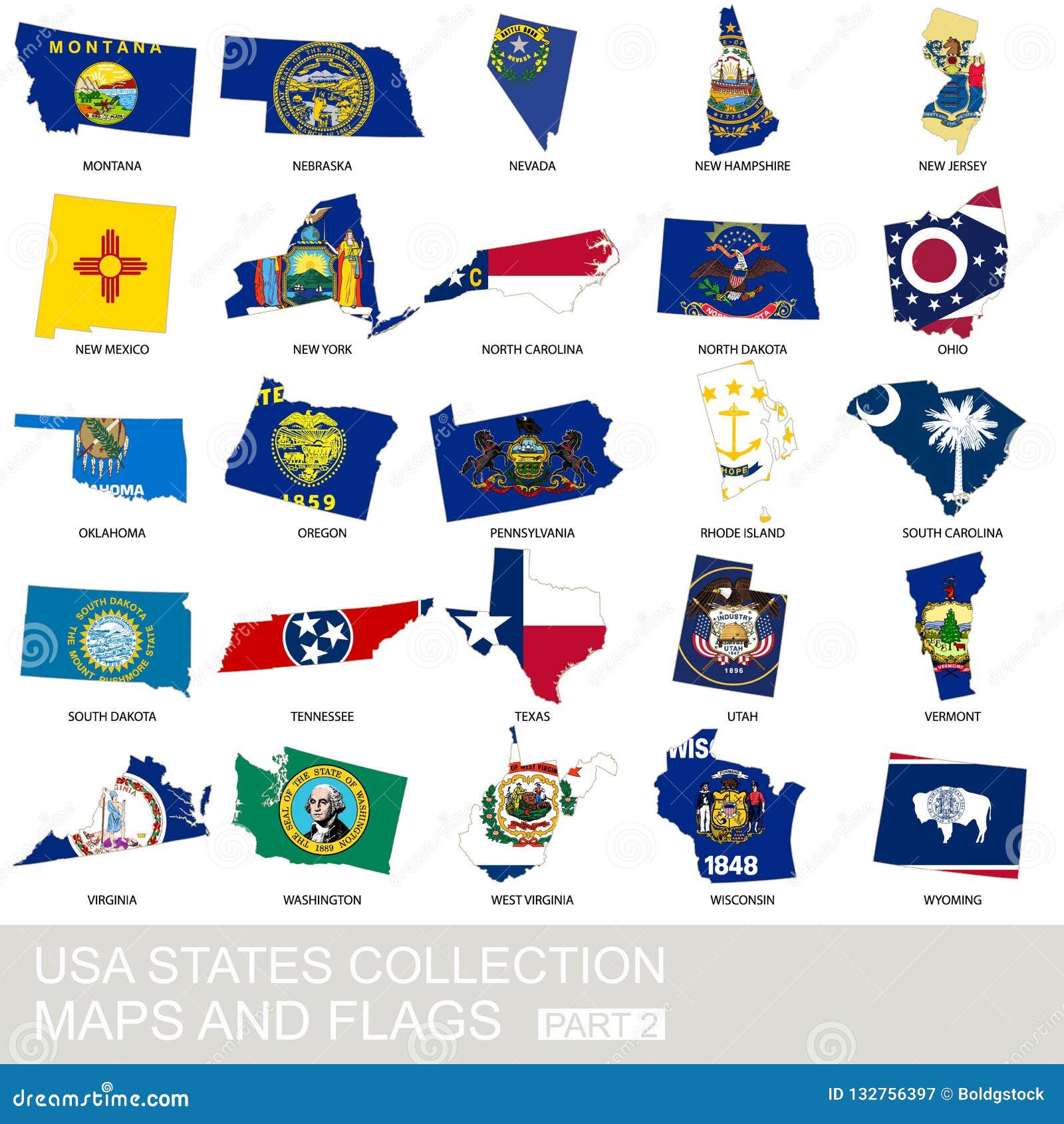 Us State Maps With Flag Collection Nine Usa Map Contour With Flag Cartoon Vector