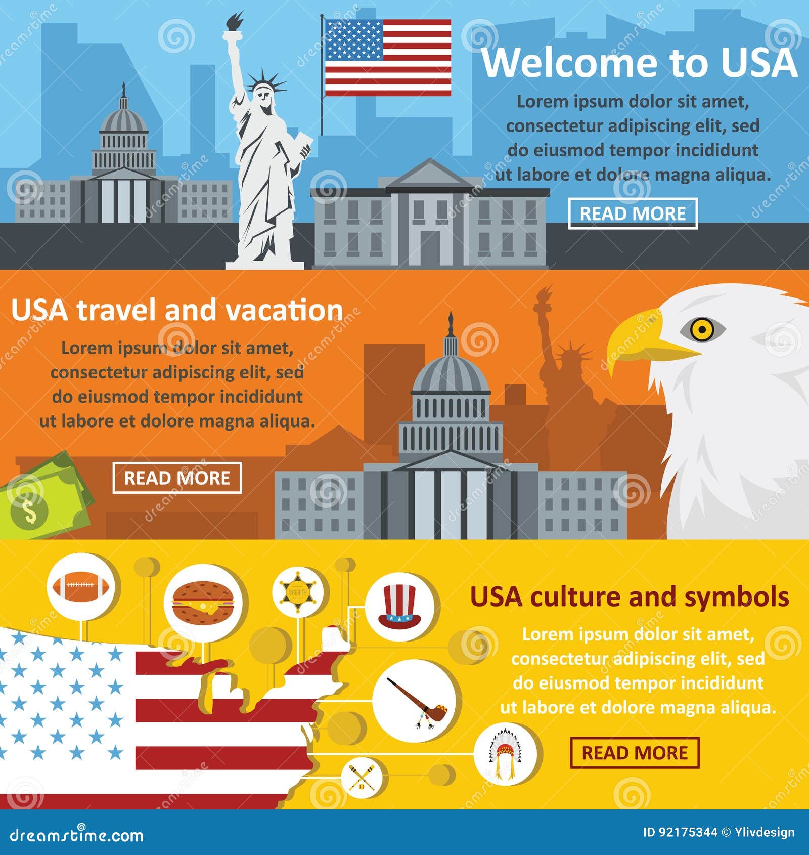 USA Symbols Banner Horizontal Set, Flat Style Vector Illustration ...