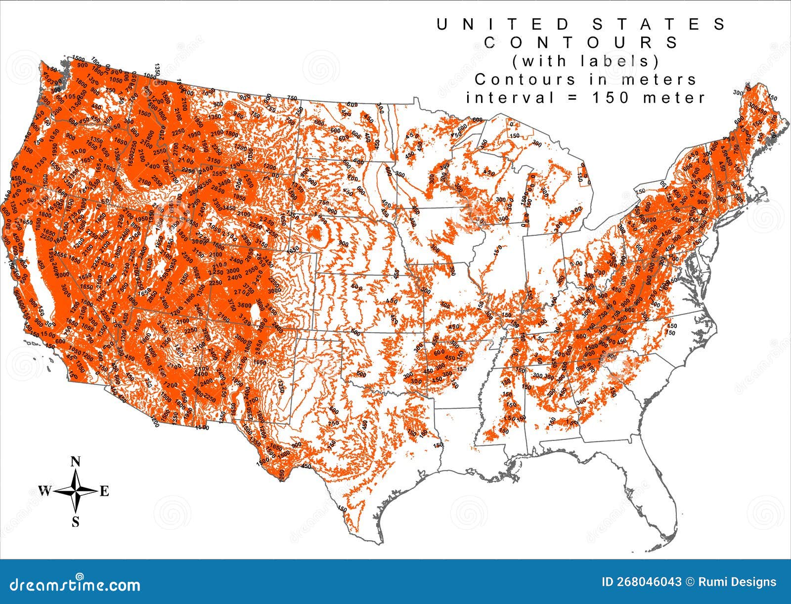 USA Topography Elevation Contour Footprints in Meters Map HD Stock ...