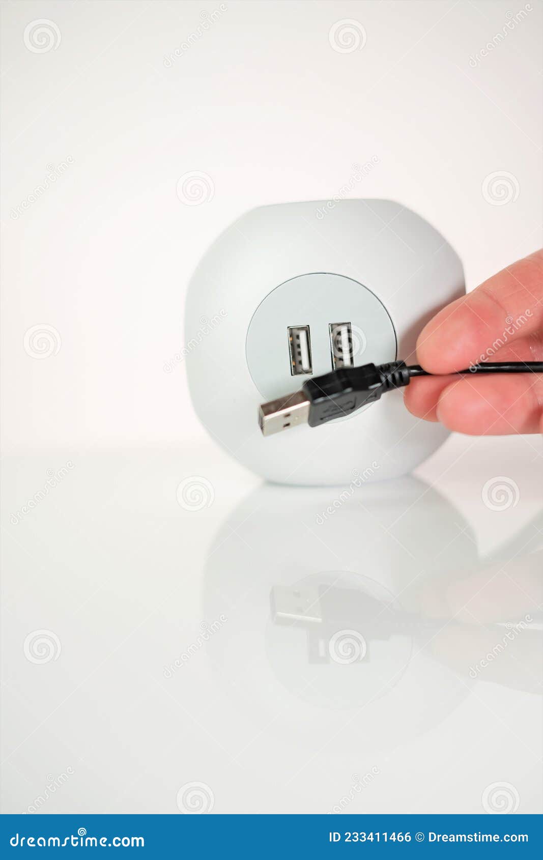 USB Adapter.Socket with USB Connector.Hands and USB Cable in the ...