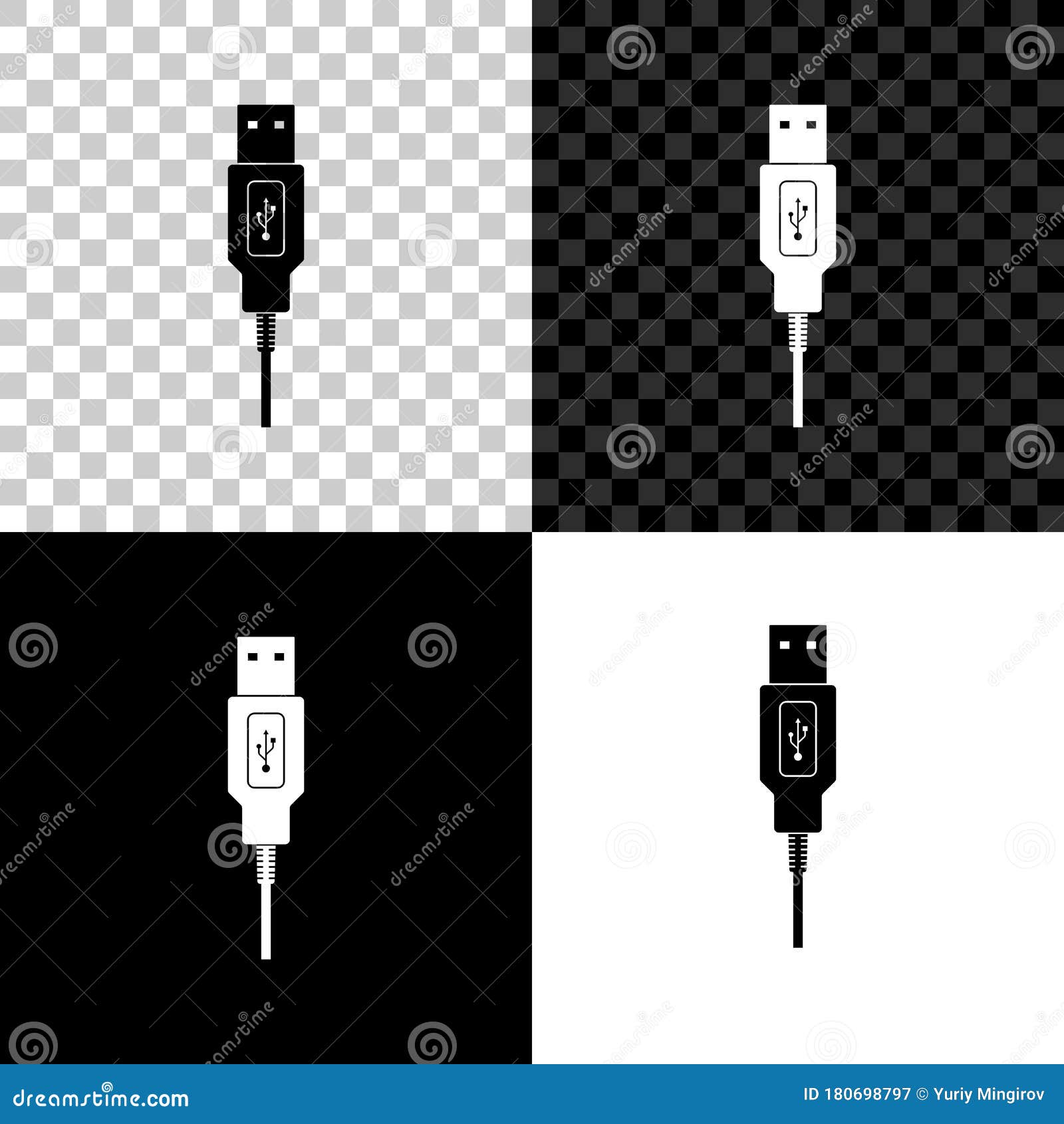 USB Cable Cord Icon on Black, White and Transparent Background ...