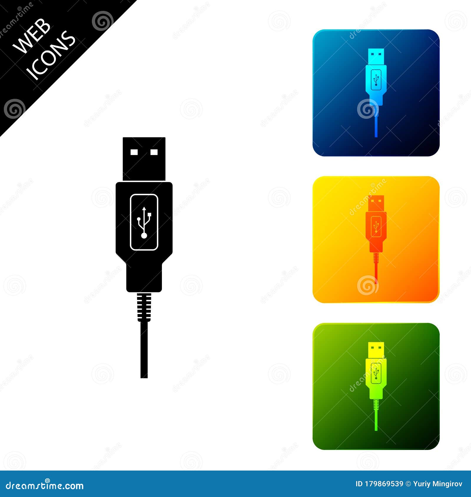 USB Cable Cord Icon Isolated. Connectors and Sockets for PC and Mobile ...