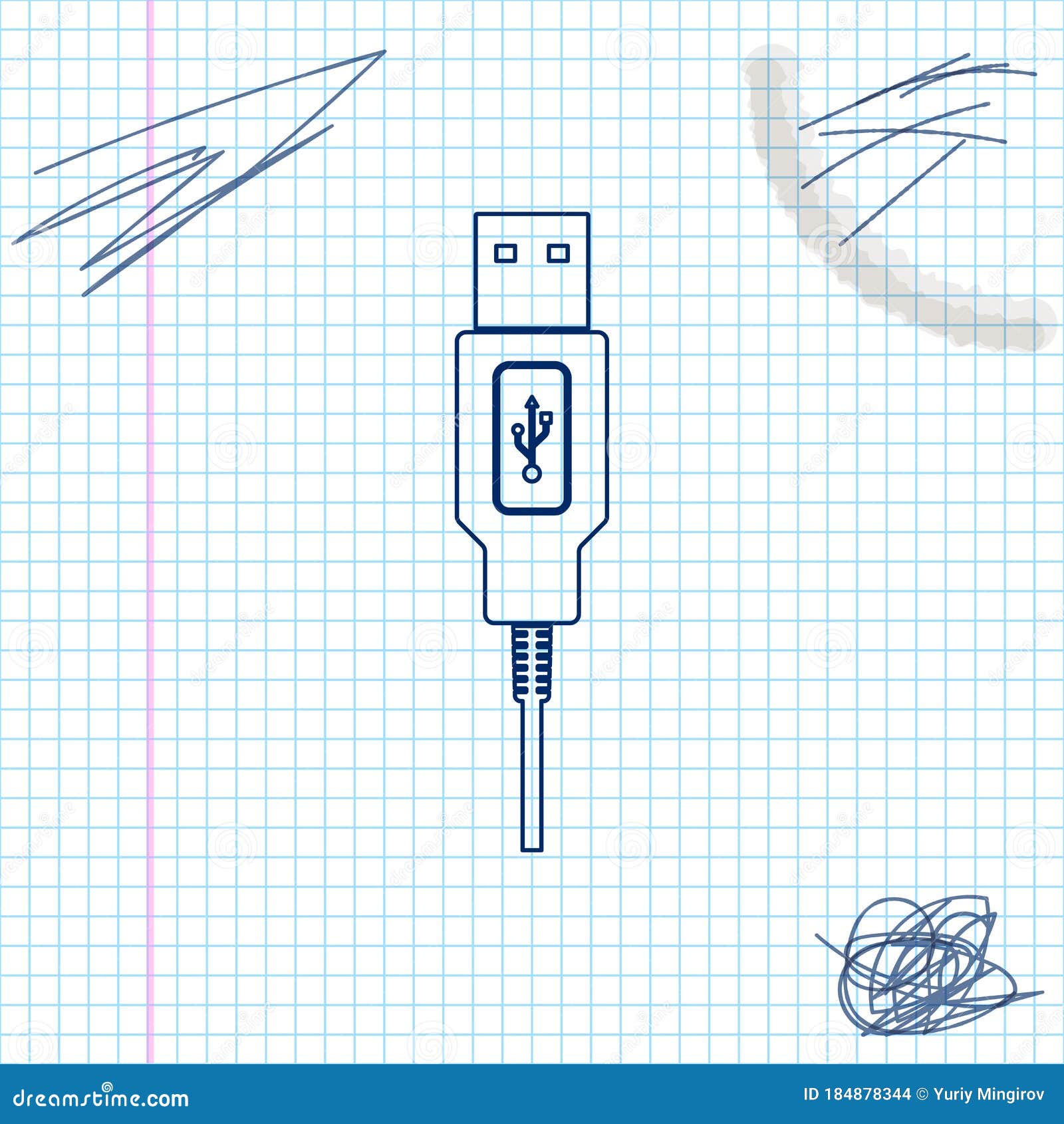 USB Cable Cord Line Sketch Icon Isolated on White Background ...
