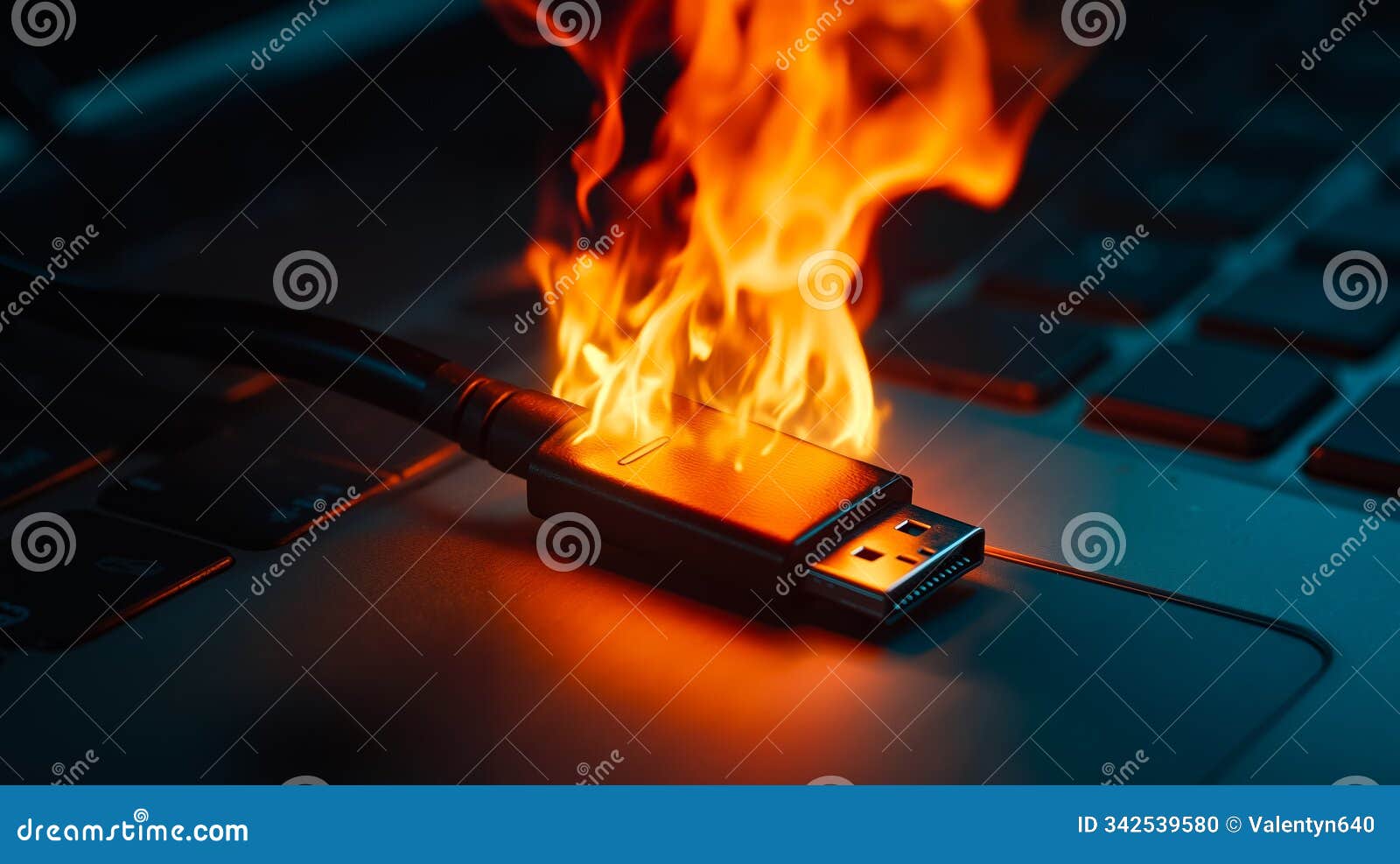 A Usb Cable on Fire on a Laptop Keyboard Stock Photo - Image of ...