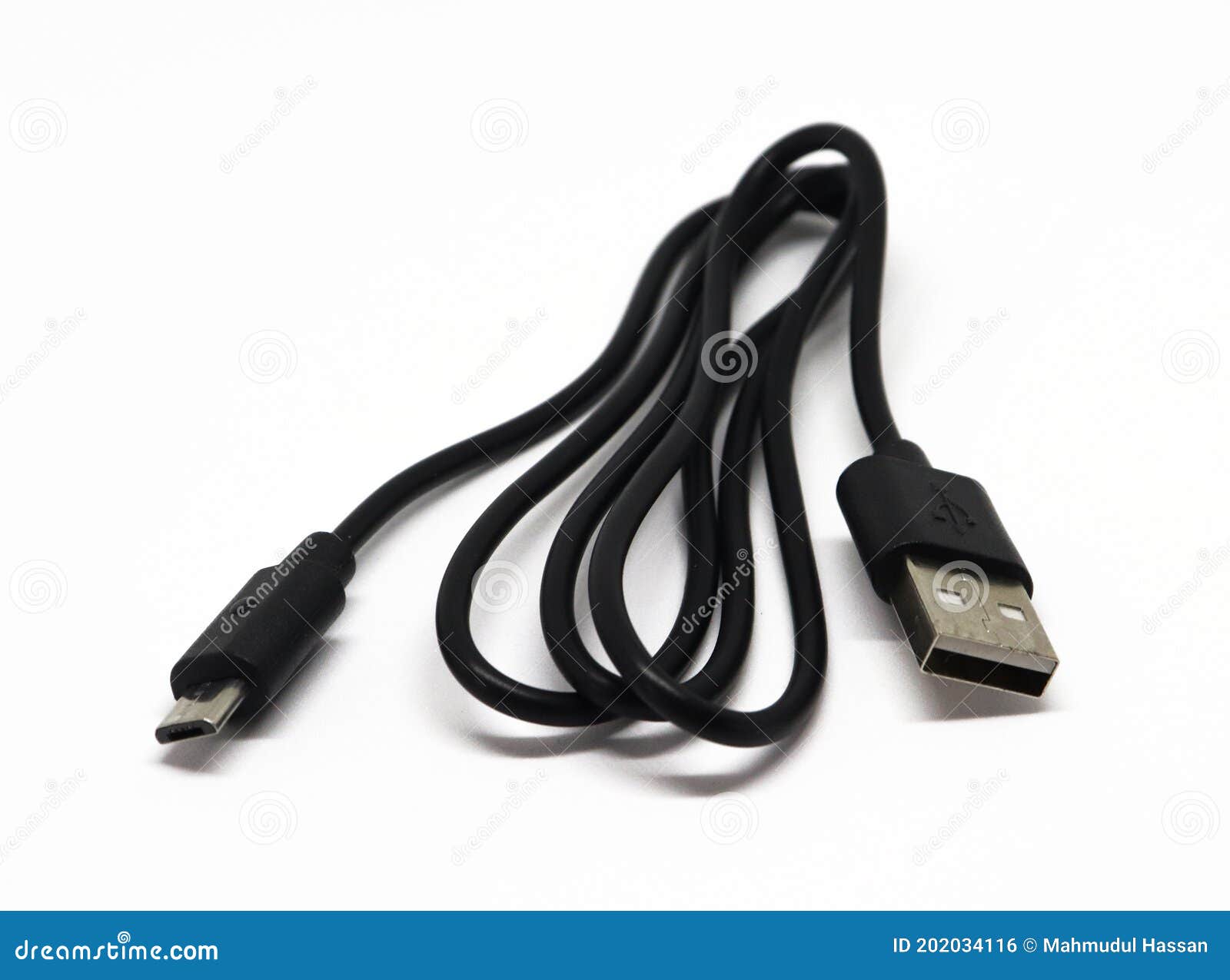 USB Cable Isolated on a White Background. Black Color Micro Usb Cable ...