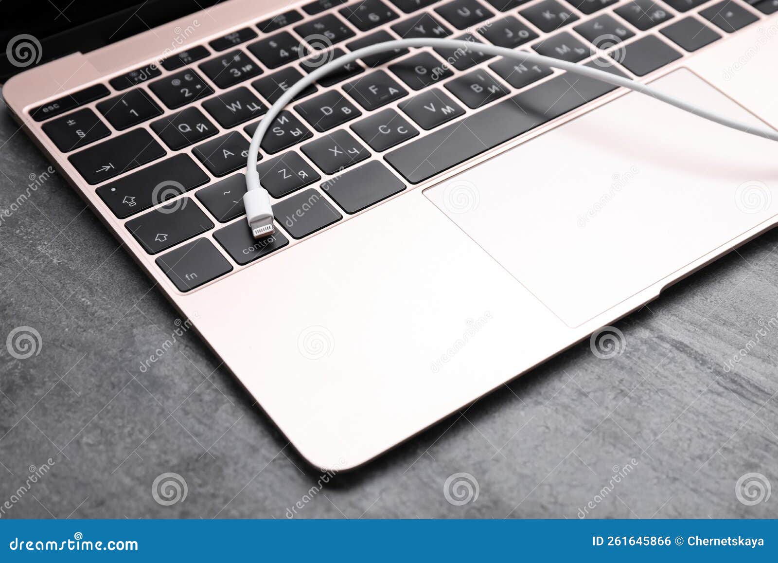 USB Cable with Lightning Connector and Laptop on Grey Table, Closeup ...