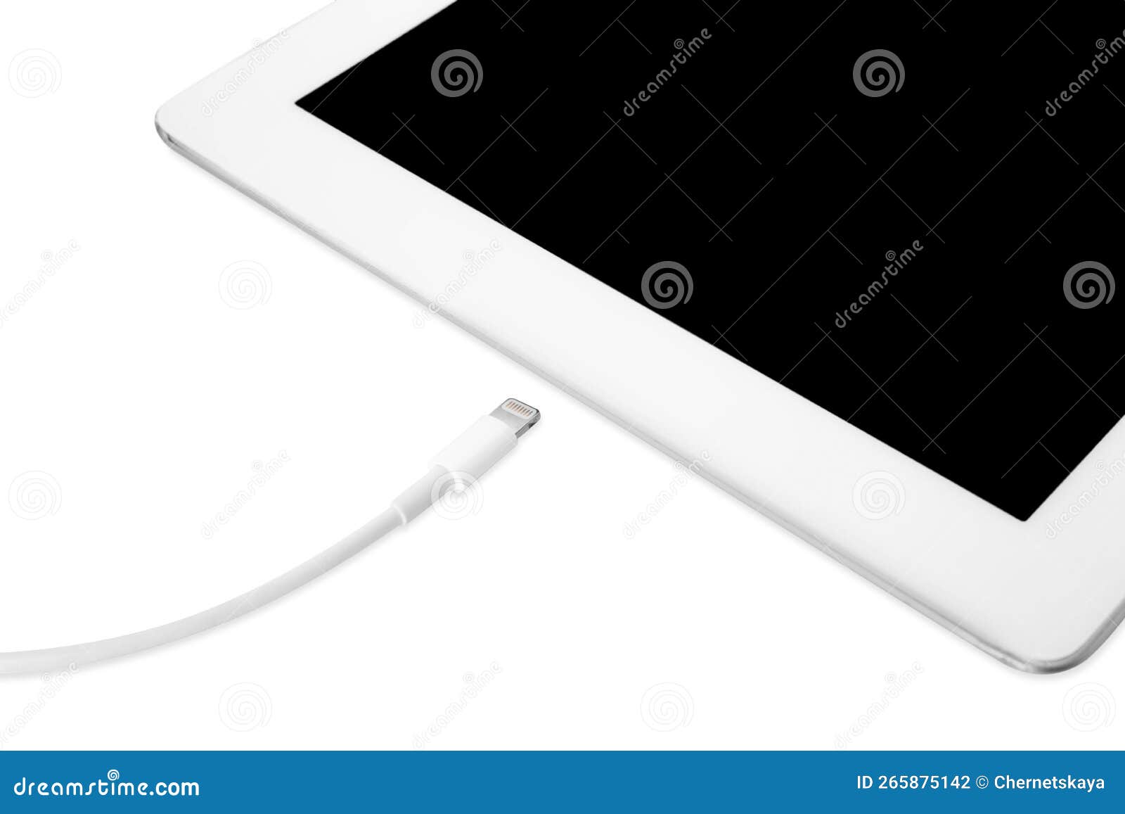 USB Cable with Lightning Connector and Tablet on White Background Stock ...