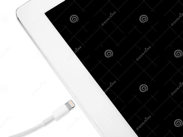 USB Cable with Lightning Connector and Tablet on White Background Stock ...