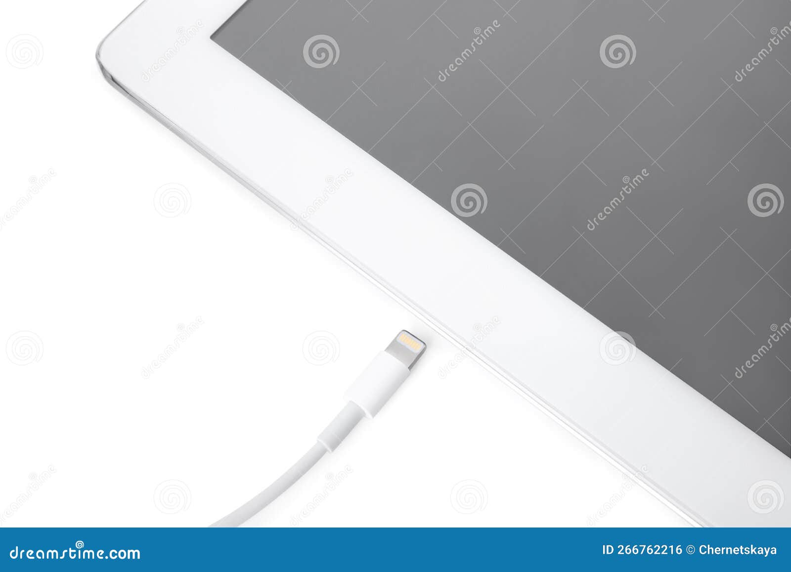 USB Cable with Lightning Connector and Tablet on White Background Stock ...