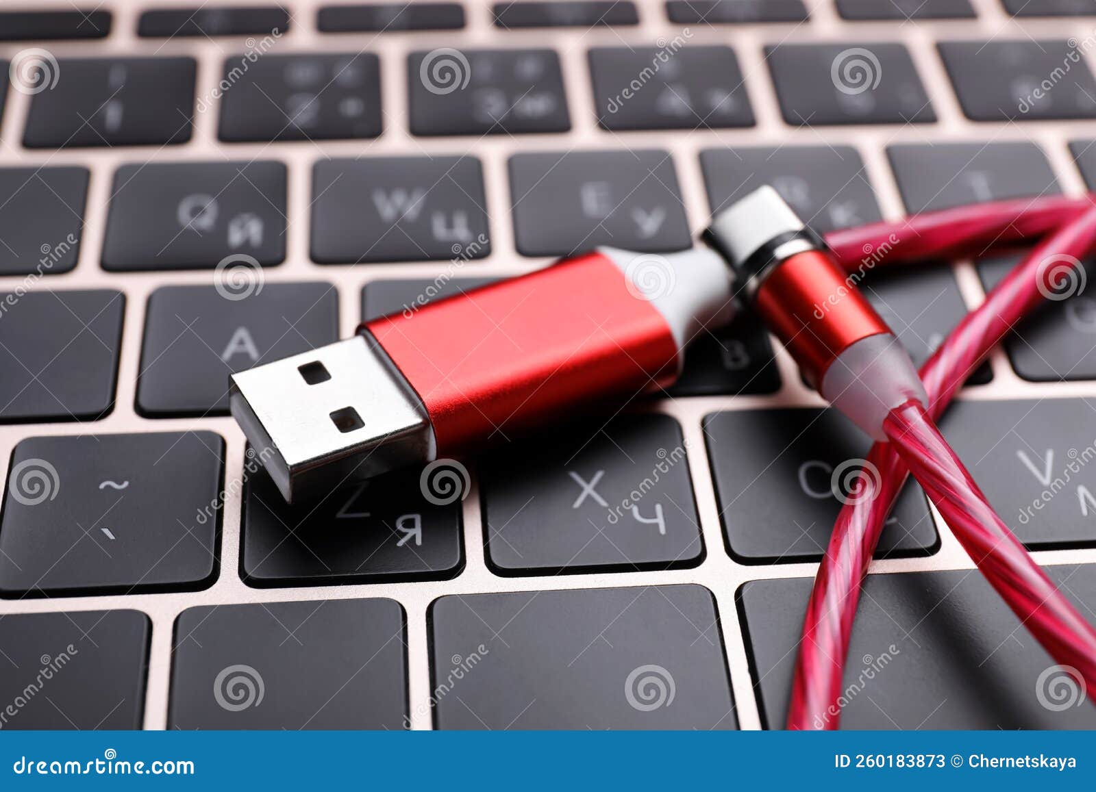 USB Cable with Type C Connector on Laptop Keyboard, Closeup Stock Image ...