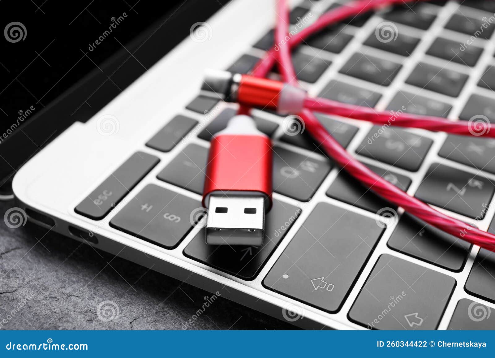 USB Cable with Type C Connector on Laptop Keyboard, Closeup Stock Photo ...