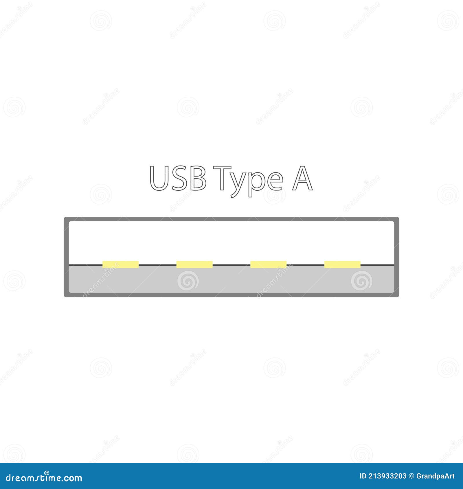 USB Connector in a Simple Design with Gold Contacts. View in the Plane ...