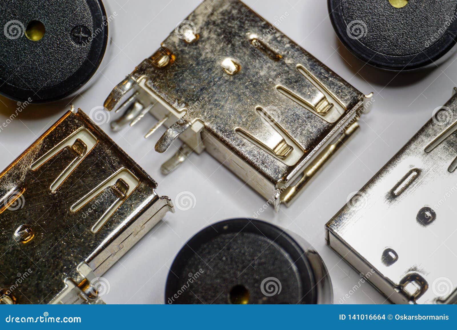 Close-up of Scattered USB Socket and Buzzer Electronics Components on ...