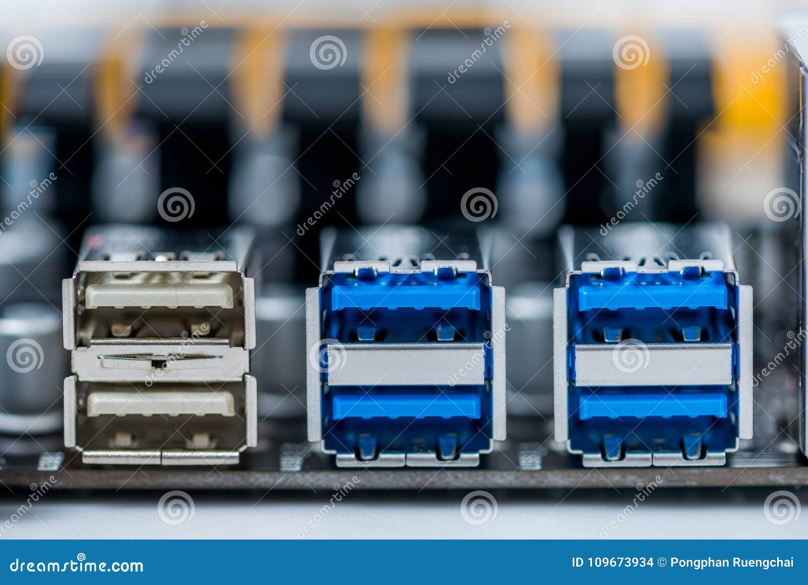 The Rear Panel Of A Desktop Computer Motherboard With Visible Audio ...