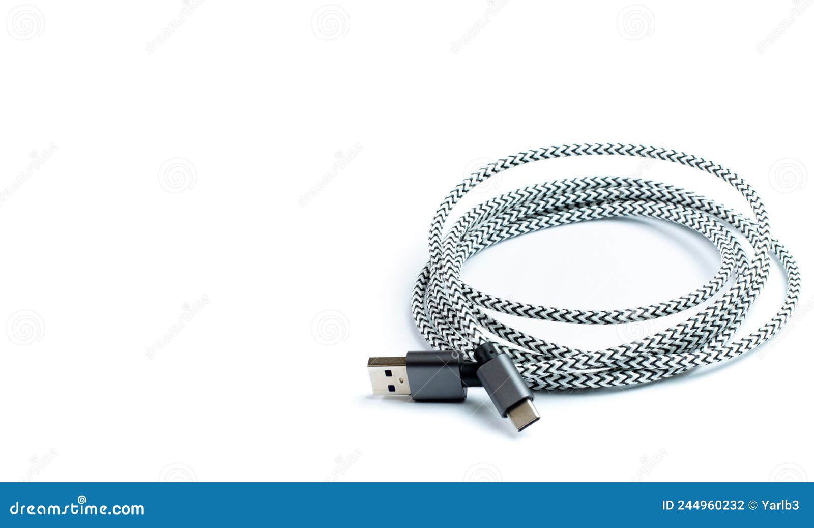 USB Data Cable with Fabric Braid Rolled Up on White, Isolated Close-up ...