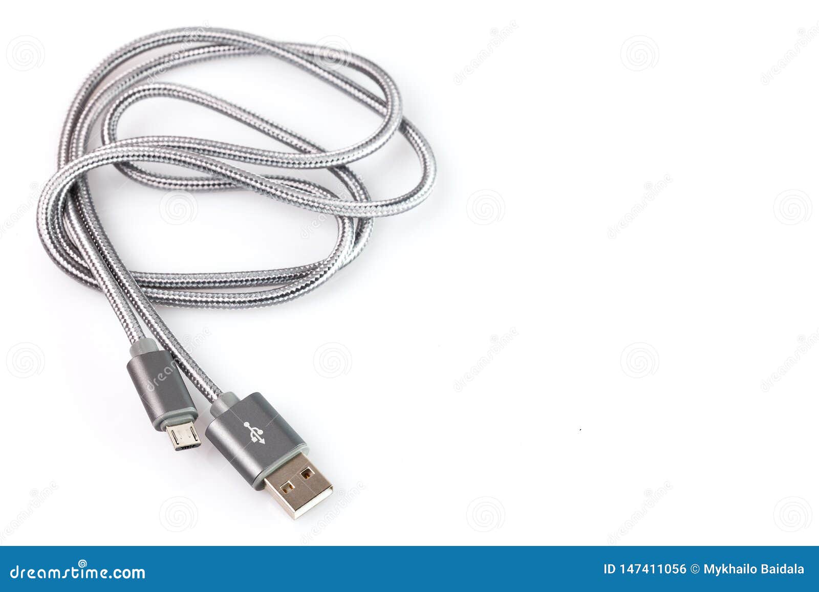 USB Data & Power Cable Isolated on White Background. Close Up Stock ...