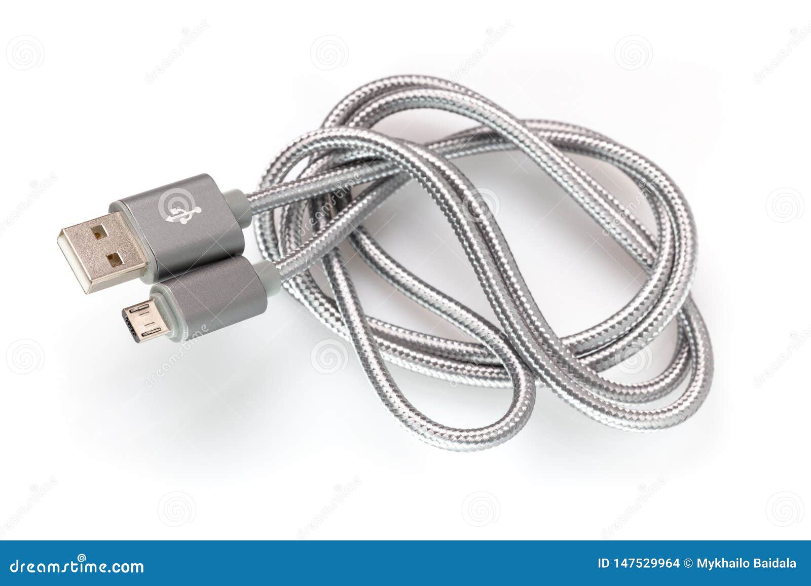 USB Data & Power Cable Isolated on White Background. Close Up Stock ...