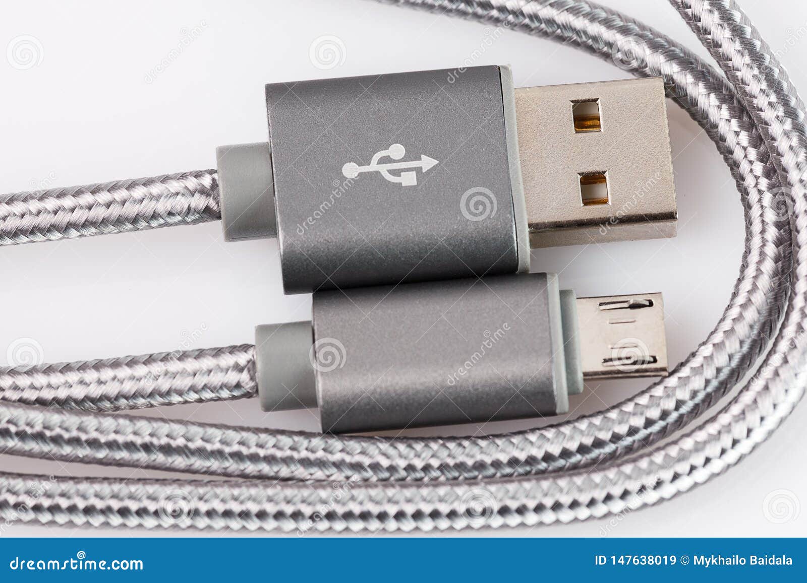 USB Data & Power Cable Isolated on White Background. Close Up Stock ...