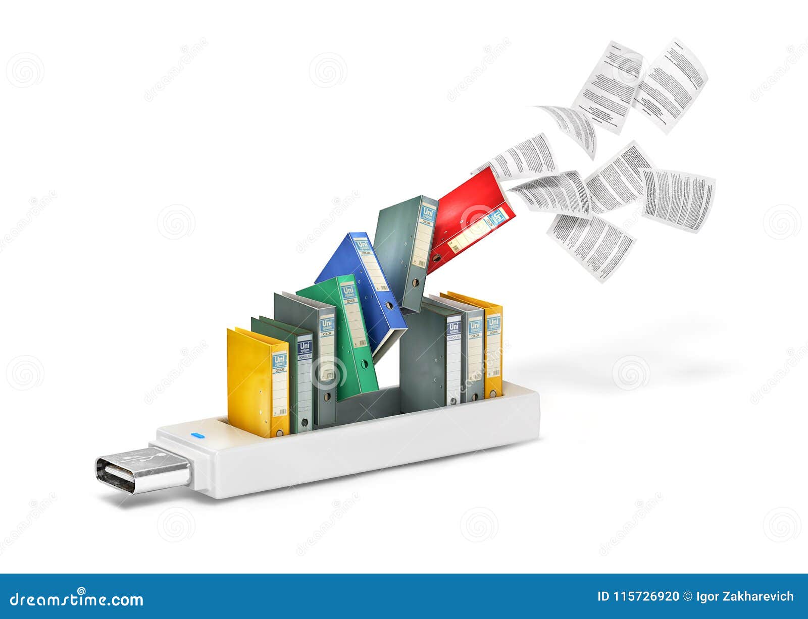 USB Flash Drive with Folders and Flying Sheets. Stock Illustration ...