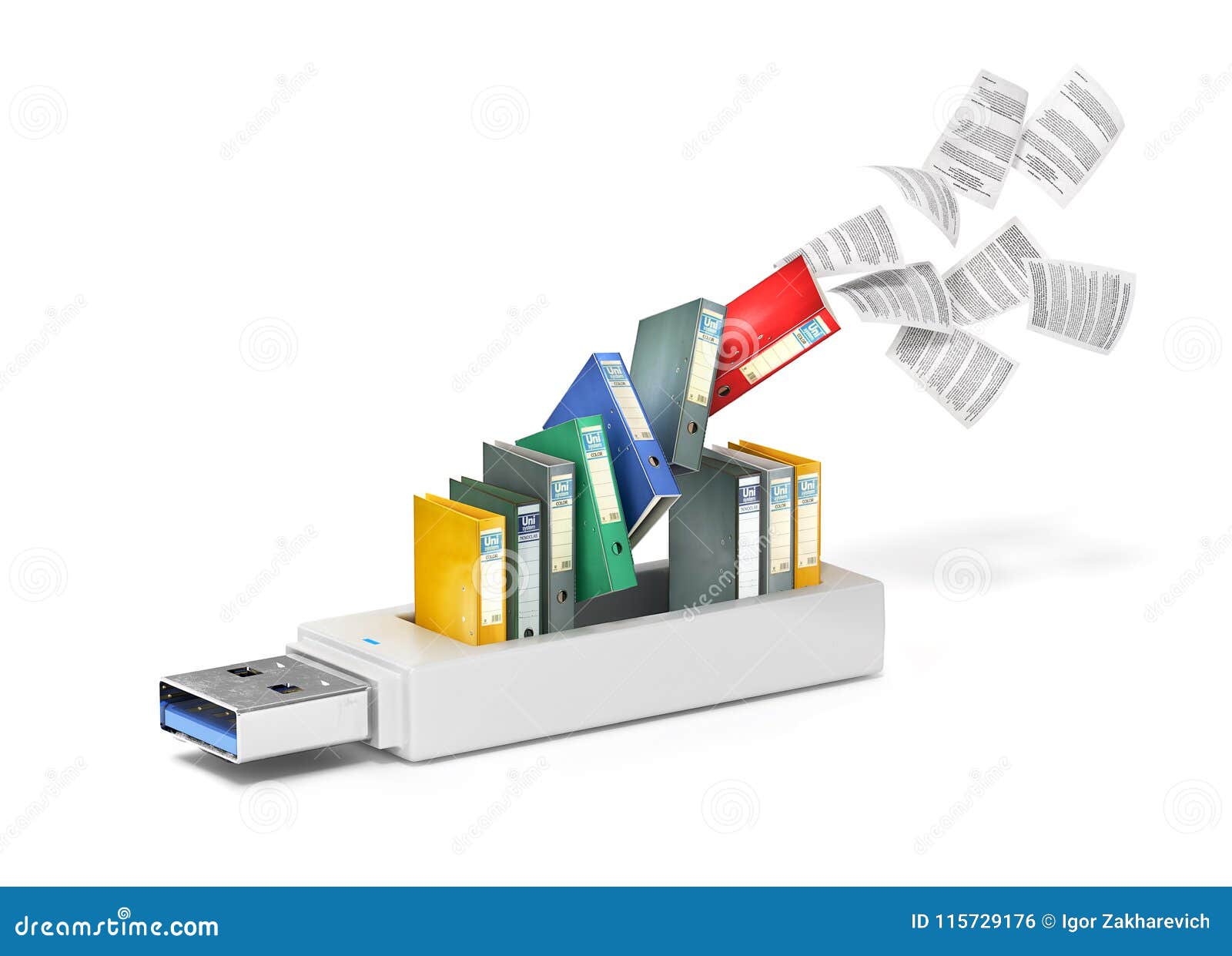 USB Flash Drive with Folders and Flying Sheets. Stock Illustration ...