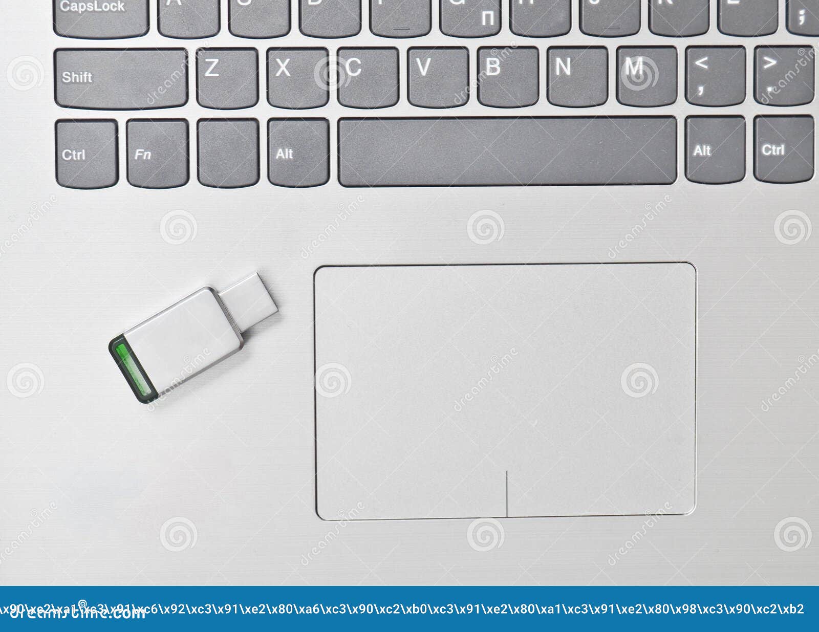 USB Flash Drive on the Laptop Keyboard. Modern Media Technologies Stock ...