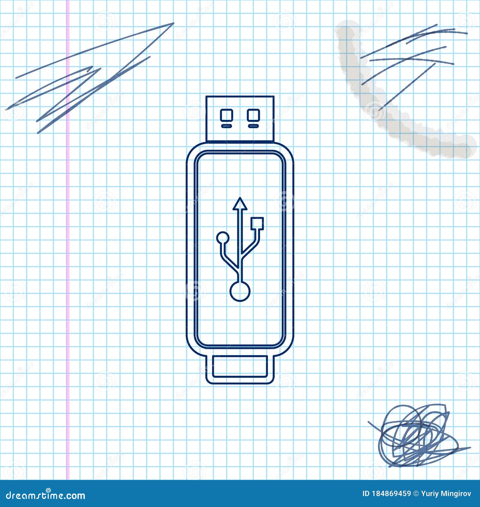 USB Flash Drive Line Sketch Icon Isolated on White Background. Vector ...