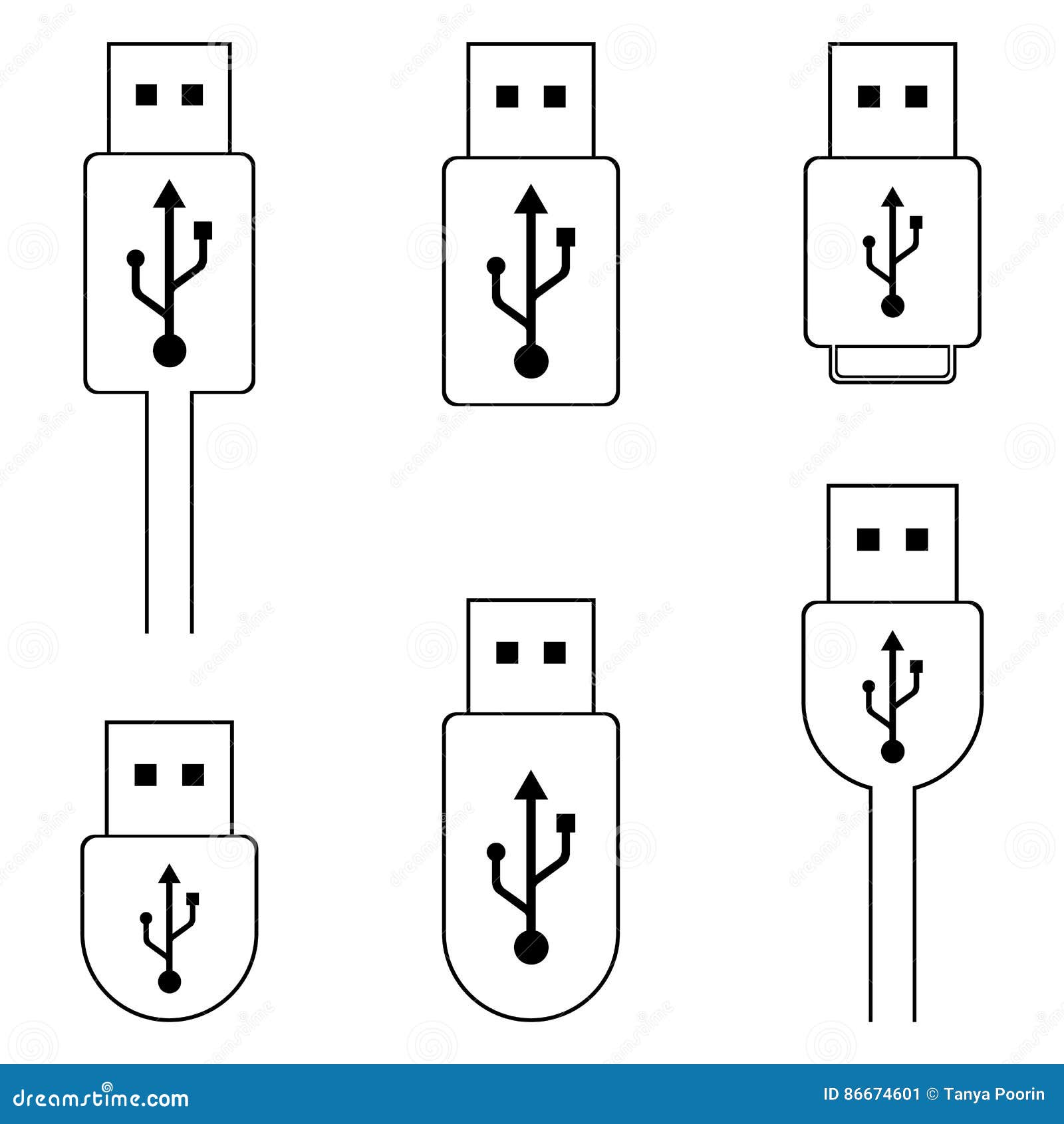 USB Flash Drive Outline Icon Set Isolated on White Background ...