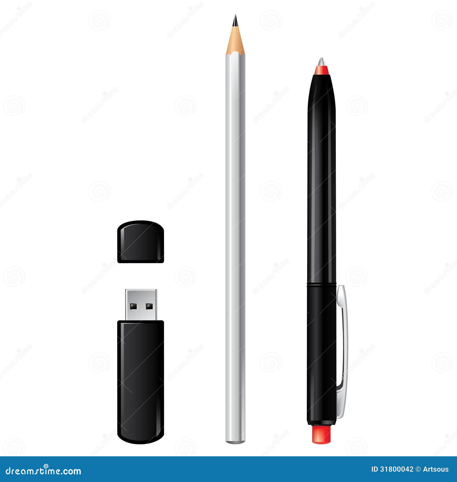 Usb Flash Drive, Pencil and Pen Isolated Stock Vector - Illustration of ...